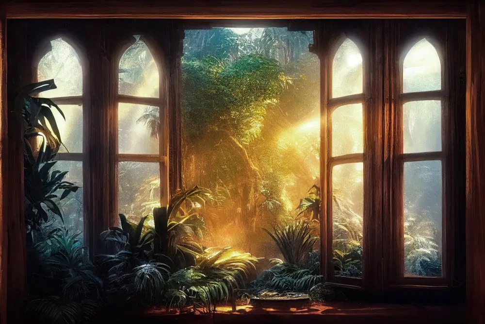Fototapeta A Large Arch-Shaped Window, A Portal In The Dark Mystical Forest, The Sun&amp;#039;s Rays Pass Through The Window And Trees, Shadows. Fantasy Beautiful Forest Fantasy Landscape. 3D . Hladký vinyl 90x60