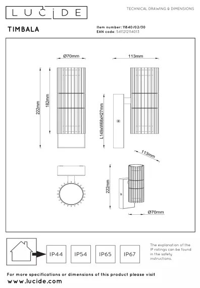 Lucide 11840/02/30 - Venkovní nástěnné svítidlo TIMBALA 2xGU10/7W/230V IP44