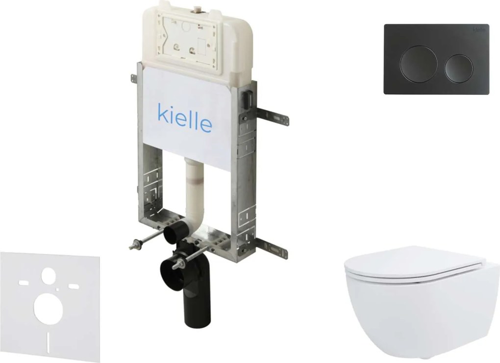 kielle Genesis New - Set předstěnové instalace, klozetu Oudee, Vortex Rimless+, sedátka softclose a tlačítka Gemini New I, matná černá 30502SZ03