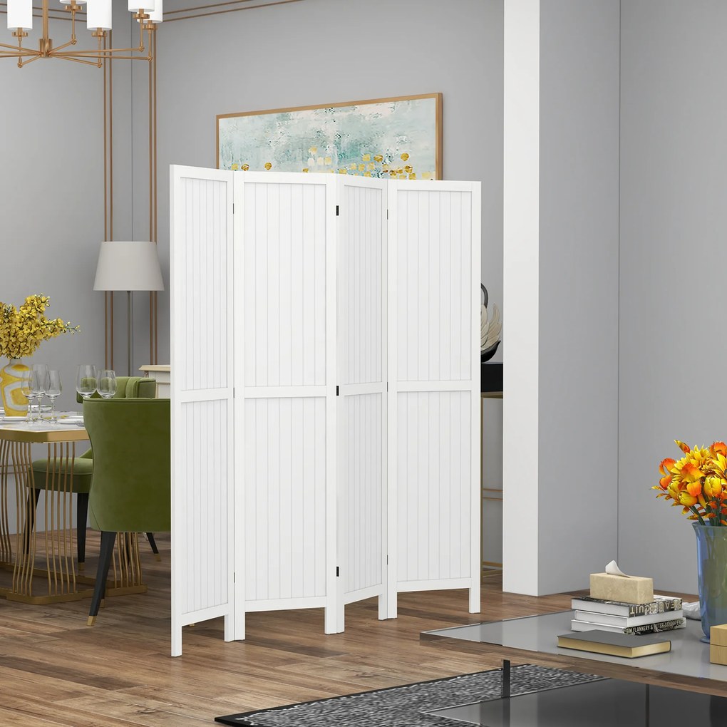 HOMCOM Dřevěné Předěly do Interiéru Skládací 4 Panely Dřevo 160 x 170 cm Bílá