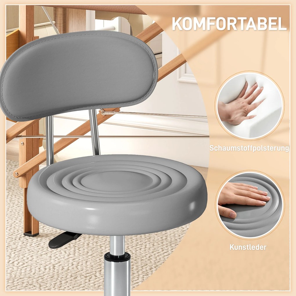 HOMCOM Nastavitelná pojízdná stolička s opěradlem — otočná židle na kolečkách s opěrkou nohou, ekokůže (PU), 32 x 40 x 70–86 cm, šedá