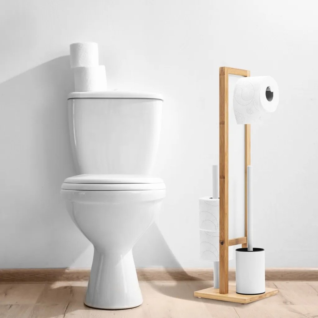 Tutumi REA - Bambusový koupelnový stojan na toaletní papír a kartáč, White 321502, HOM-04000