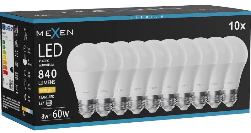 Mexen Nova 10x LED žárovka E27, A60, 8W, Teplá - 3000K, 840 lm - L100-E27-0830-01x10