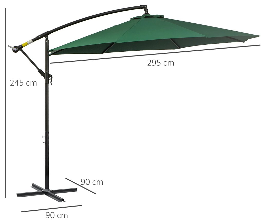 Konzolový slunečník Outsunny s kličkou, slunečník z ocelového rámu a polyesterové tkaniny, zelený, Ø2,95x2,45 m, ideální na zahradu a terasu | Aosom.…