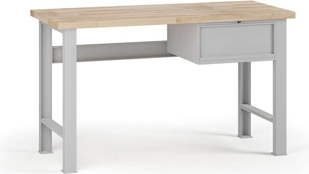 Dílenský pracovní stůl G7, buková spárovka, 1500 x 800 x 840 mm, 1x kontejner, 1 zásuvka, šedá