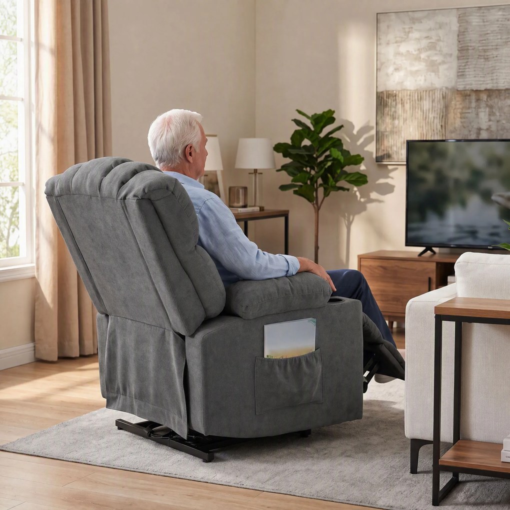 HOMCOM Elektrické křeslo s asistencí při vstávání, masáž a teplo, relaxační křeslo pro seniory, pružinové kapsy, šedé