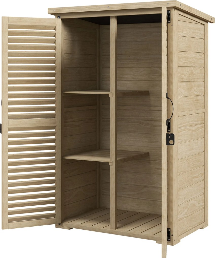 Zahradní skladovací bouda Outsunny s 2 policemi, přírodní dřevo, střecha z modifikovaného bitumenu, větrané dveře, uzamykatelné, 75 x 50 x 118 cm | Ao