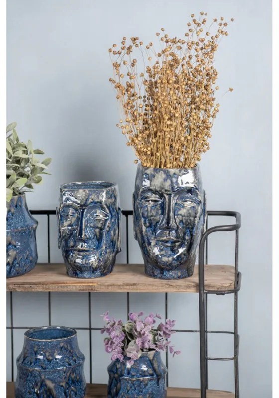Modrý keramický obal na květináč/ váza s obličejem Blue Dotty M – 13x15x17 cm