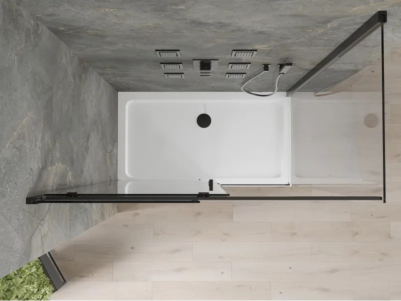 Mexen Omega, sprchový kout s posuvnými dveřmi 130 (dveře) x 70 (stěna) cm, 8mm čiré sklo, černý profil + slim sprchová vanička bílá s černým sifonem, 825-130-070-70-00-4010B