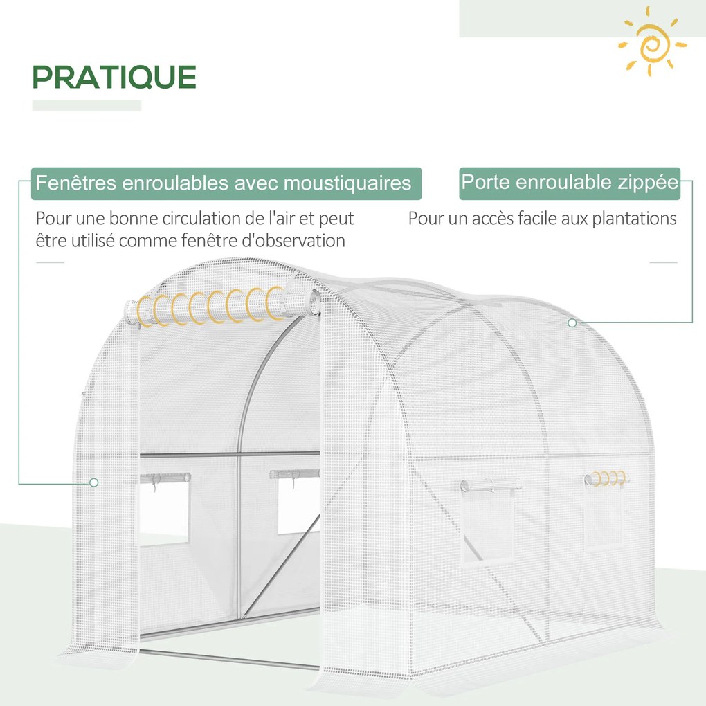 Skleník pochodový tůnel Outsunny 6 m² 3D x 2Š x 1.9V m, Zpevněná pozinkovaná ocel průměr 2.4 cm + Okna z vysokohustotního PE, Bílý