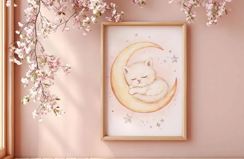Koťátko mezi hvězdami - obraz - Spící koťátko na měsíci 76 - 50 x 70 cm - 649 Kč