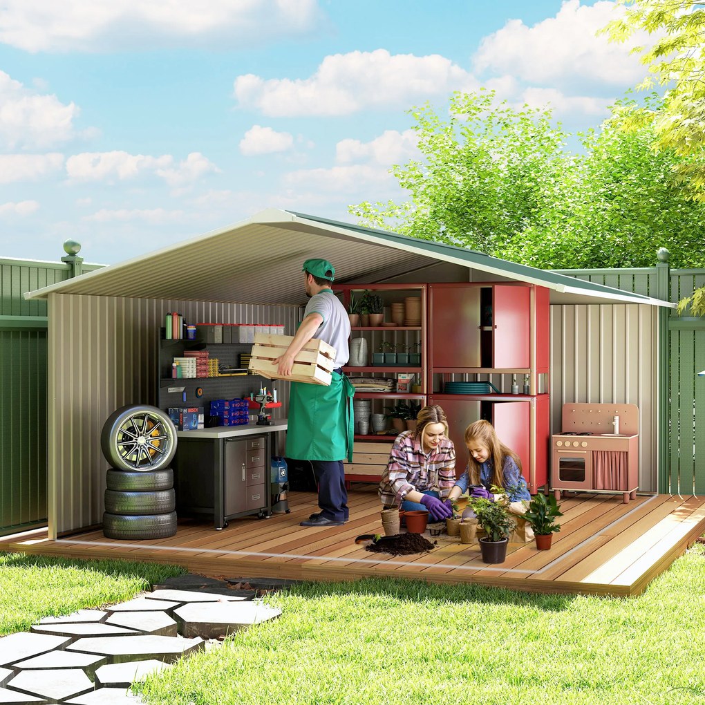 Kovová zahradní kůlna Outsunny 12,4 m², s šikmou střechou, posuvnými dveřmi a základem, 386 x 340 x 200 cm, odolná vůči počasí, pro zahradu, tmavě ze…