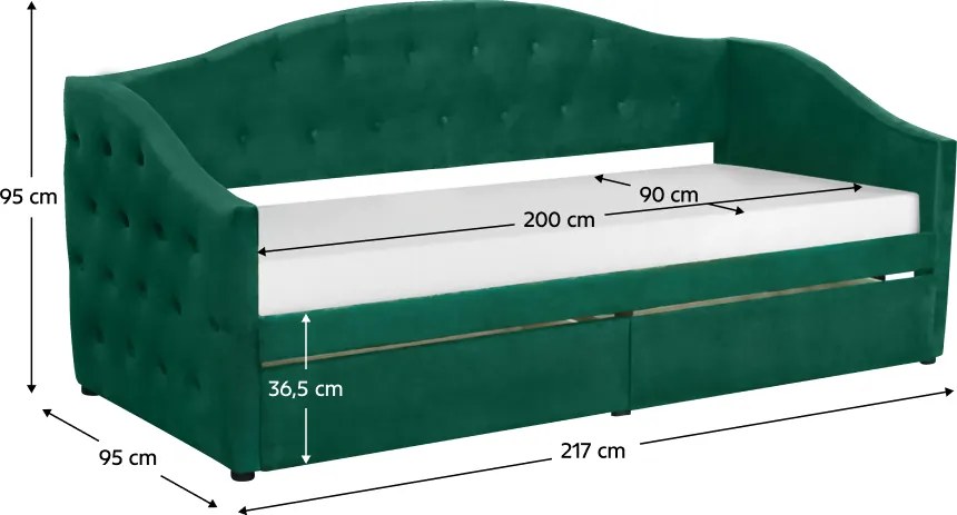 Postel s úložným prostorem, 90x200, zelená Velvet látka, ZASKA