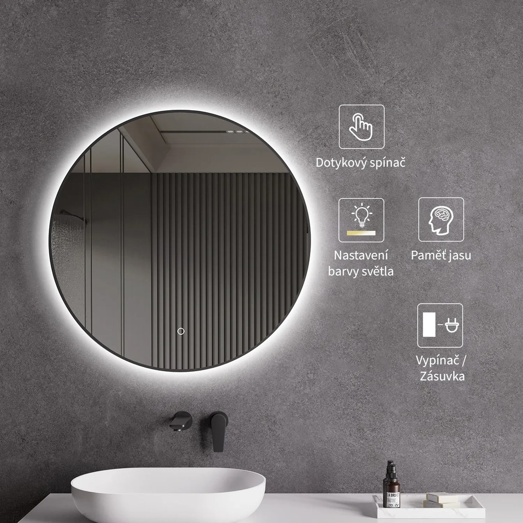 CERANO - Koupelnové LED zrcadlo Velo, kovový rám - černá matná - Ø 80 cm