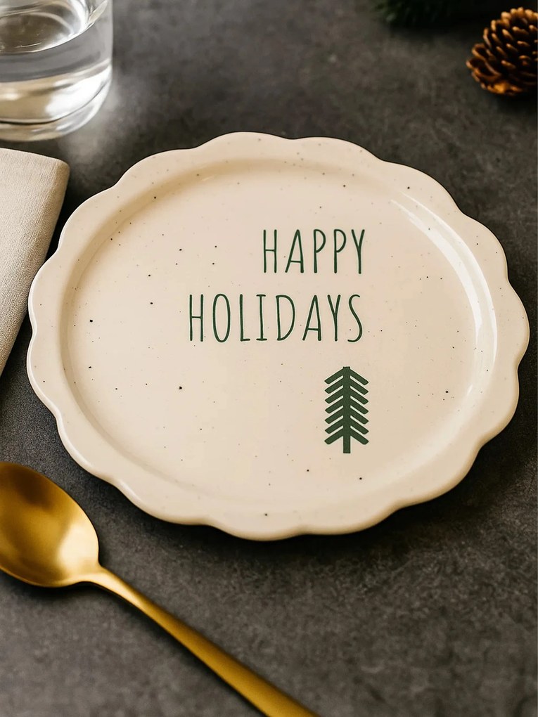 Sinsay - Vánoční keramický talíř s nápisem Happy Holidays - bílá