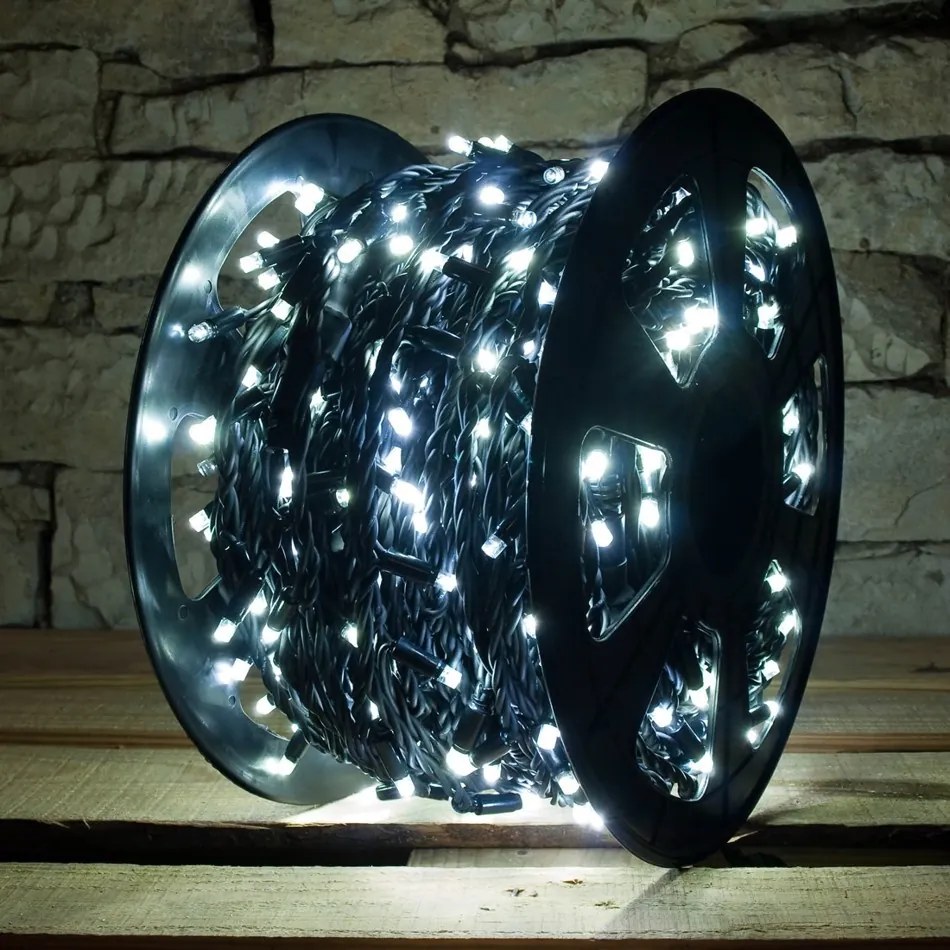 Easy Fix LED světelný řetěz, 100 m, venkovní, ledově bílá s FLASH, 1000 diod, černý kabel, IP67, cívka