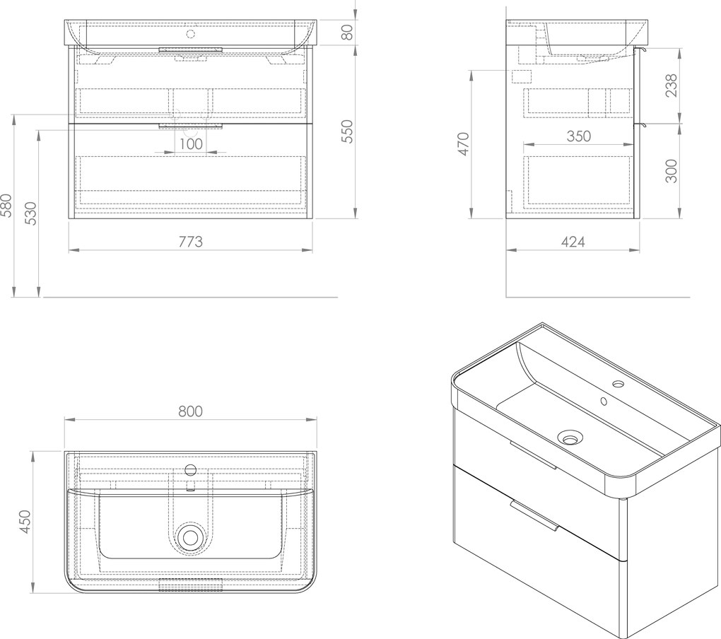 Aqualine Deneb koupelnová skříňka pod umyvadlo 77,3 x 55 x 43,5 cm bílá mat DN280