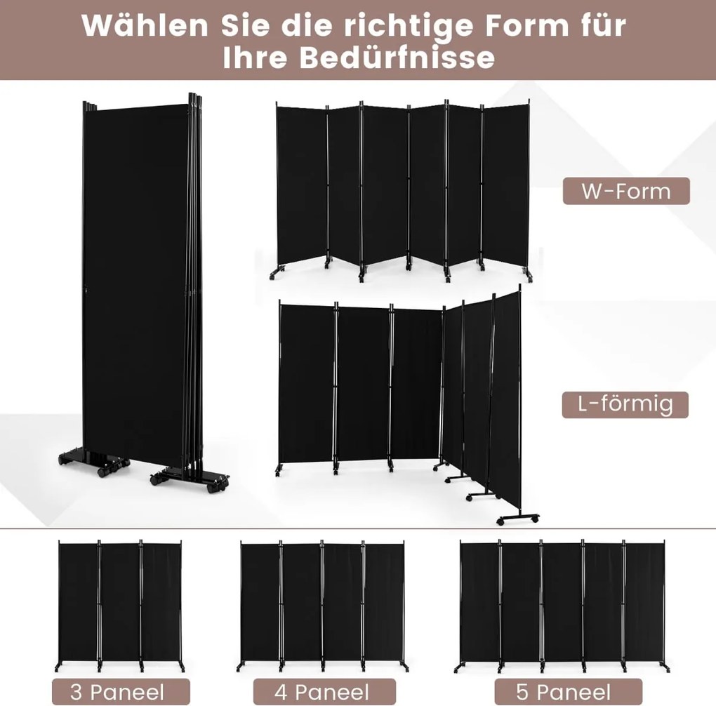 Costway Šestidílný skládací paraván na kolečkách 172 cm, černý