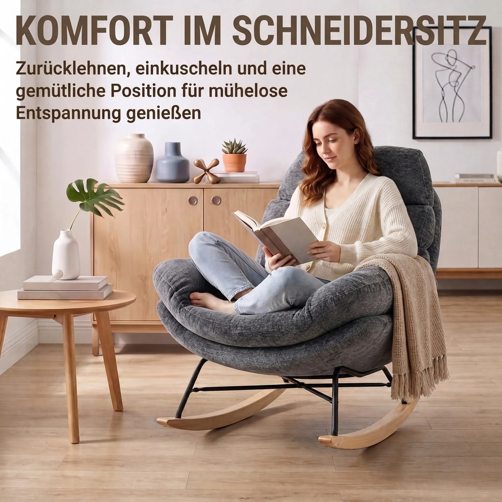 HOMCOM Houpací křeslo z chenille, křeslo k sezení v tureckém sedu s 2vrstvým polštářem, měkkým opěradlem, podnož z kaučukového dřeva, tmavě šedé
