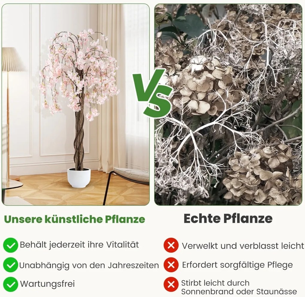 Costway Umělá třešeň v květináči Umělá květina s bílými květy 163 cm