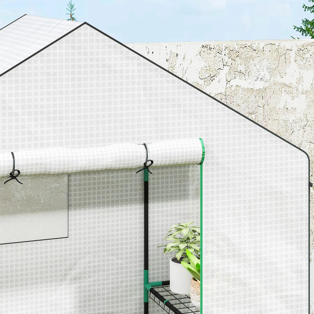 Outsunny Skleník s policemi, miniskleník, odolný proti UV záření, síťované okno, dveře na zip, 143L x 74W x 190H cm, bílý