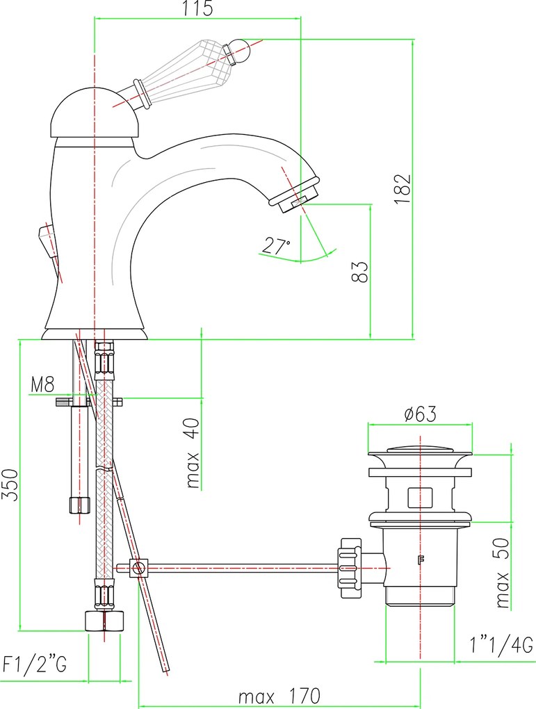 SAPHO KIRKÉ CRYSTAL stojánková umyvadlová retro baterie s výpustí, páčka krystal, bronz KI02KB