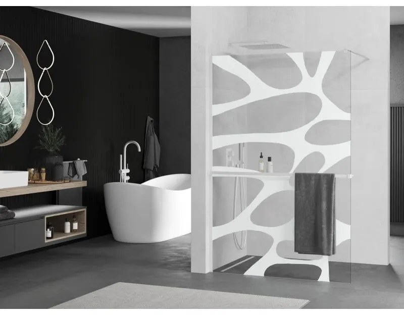 Mexen Kioto+, sprchová zástěna Walk-In s poličkou a věšákem 80 x 200 cm, 8mm čiré sklo bílý vzor, bílý profil, 800-080-121-20-97