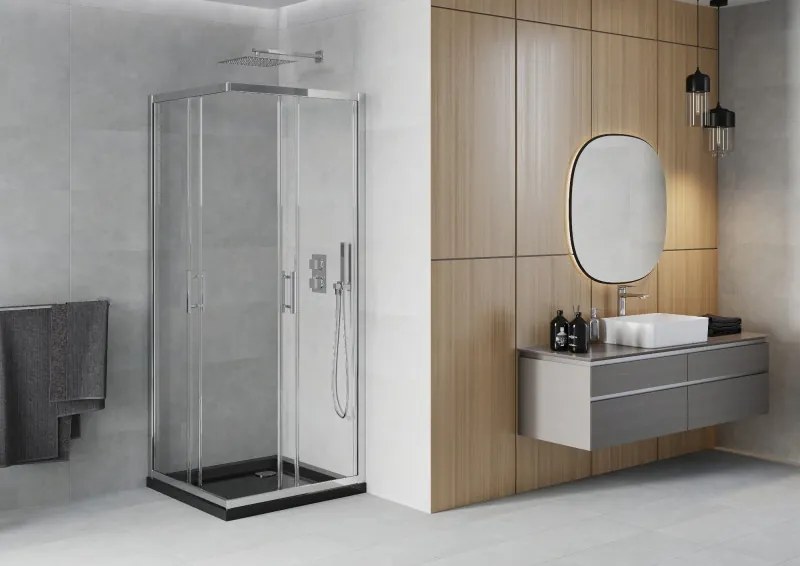 Mexen Rio, čtvercový sprchový kout 90 x 90 cm, 6mm čiré sklo, chromový profil + černá sprchová vanička, 860-090-090-01-00-4070