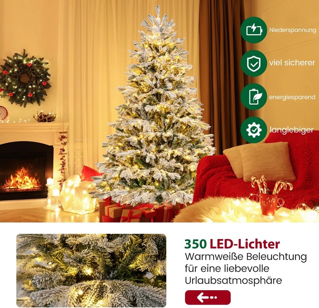Costway 180 cm Umělý vánoční stromeček se sněhem a světly a 1022 smíšené větve