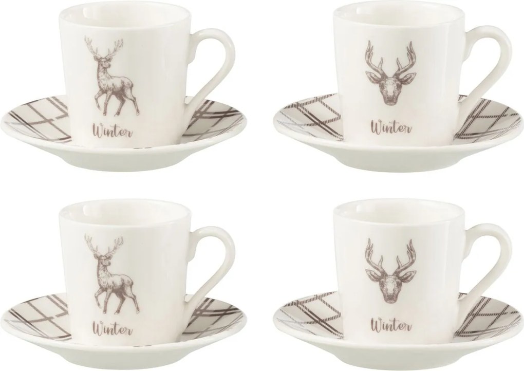 Set 4ks bílo-hnědý hrnek s jelenem v krabičce Coffee Deer - Ø 11*6 cm / 80ml