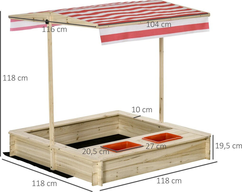 Square Wooden Sandpit Outsunny 1,18L x 1,18W x 1,18H m - Nastavitelná výška, sklon střechy, uzavíratelný - 2 vaničky - Autoklávované jedlové dřevo