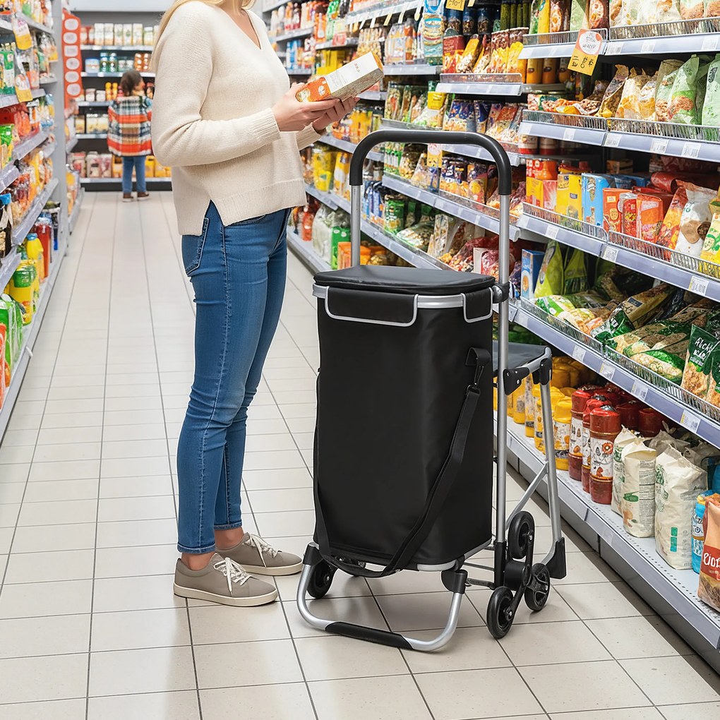 HOMCOM Nákupní vozík, 40 l Oxford taška, 3-kolové provedení, hliníkový rám, sedadlo, Šedá