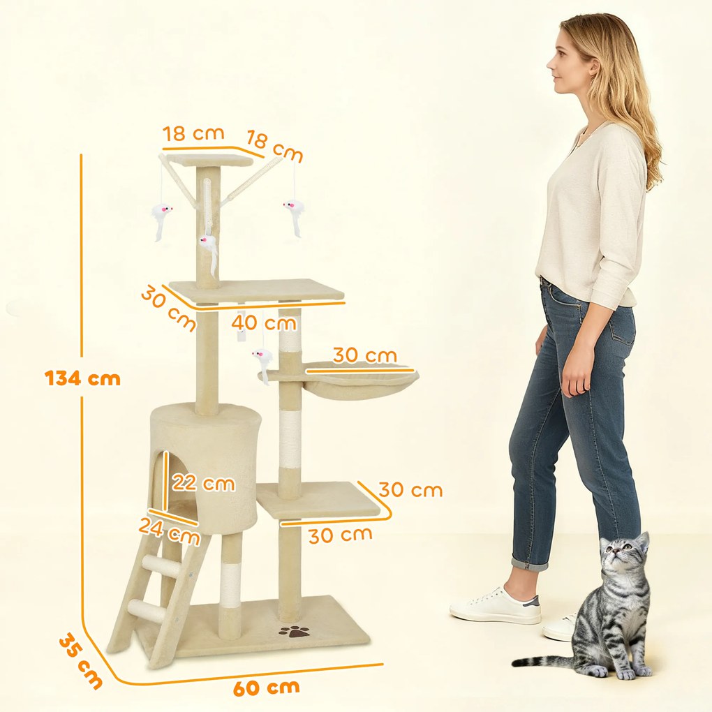 Škrabací strom Kočičí strom s jeskyní, 4 hračky, sisalové sloupky, velká plošina, schody, pro kočky do 5 kg, béžový
