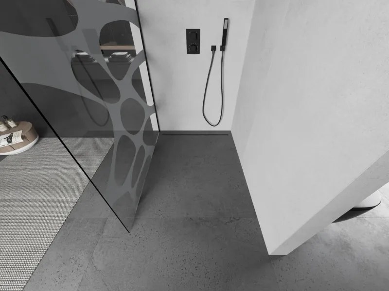 Mexen Kioto L, sprchová zástěna Walk-In 90 x 200 cm, 8mm čiré sklo bílý vzor, černý profil, 800-090-103-70-97