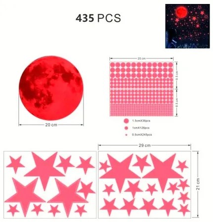Samolepky na zeď - svítící měsíc s hvězdami Varianta: set E - malý červený měsíc + hvězdy, 435ks