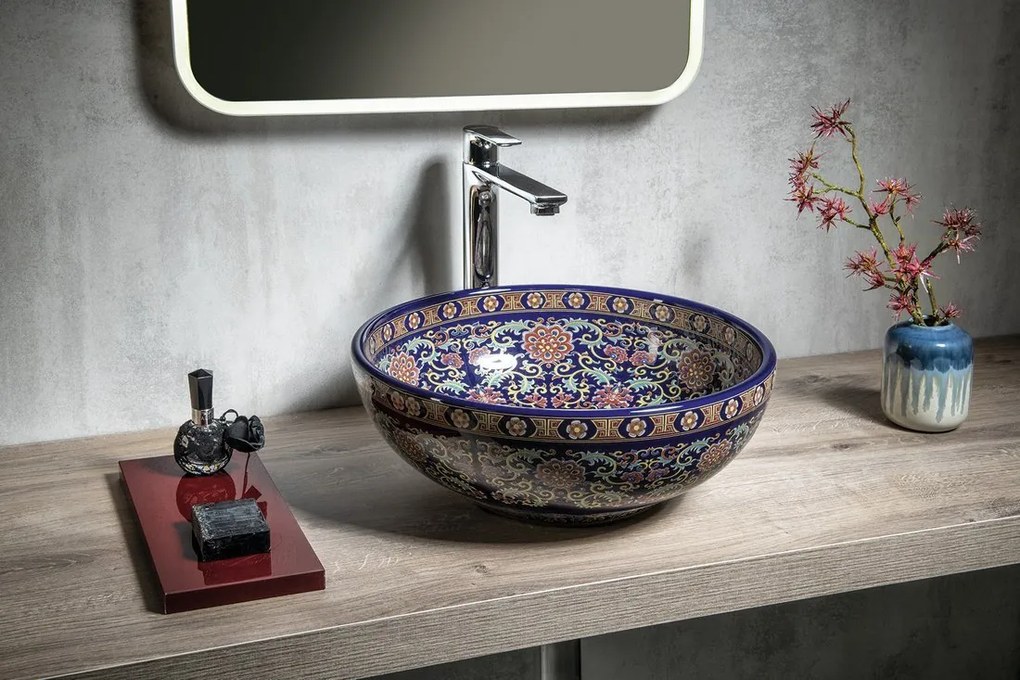 Sapho Sapho, PRIORI keramické umyvadlo, průměr 41 cm, 15 cm, fialová s ornamenty, PI022