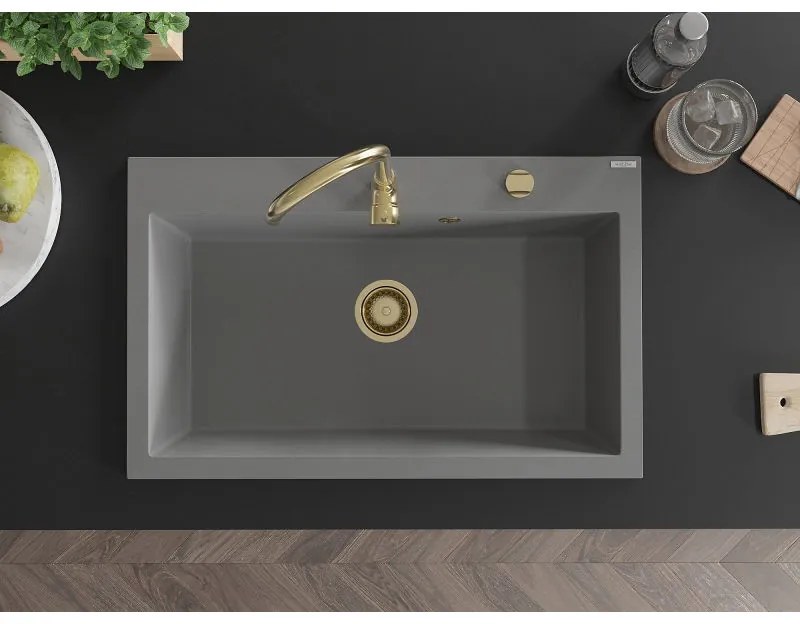 Mexen Elix, 1-korový granitový dřez 800 x 500 mm, šedá, zlatý sifon, 6527801005-71-G