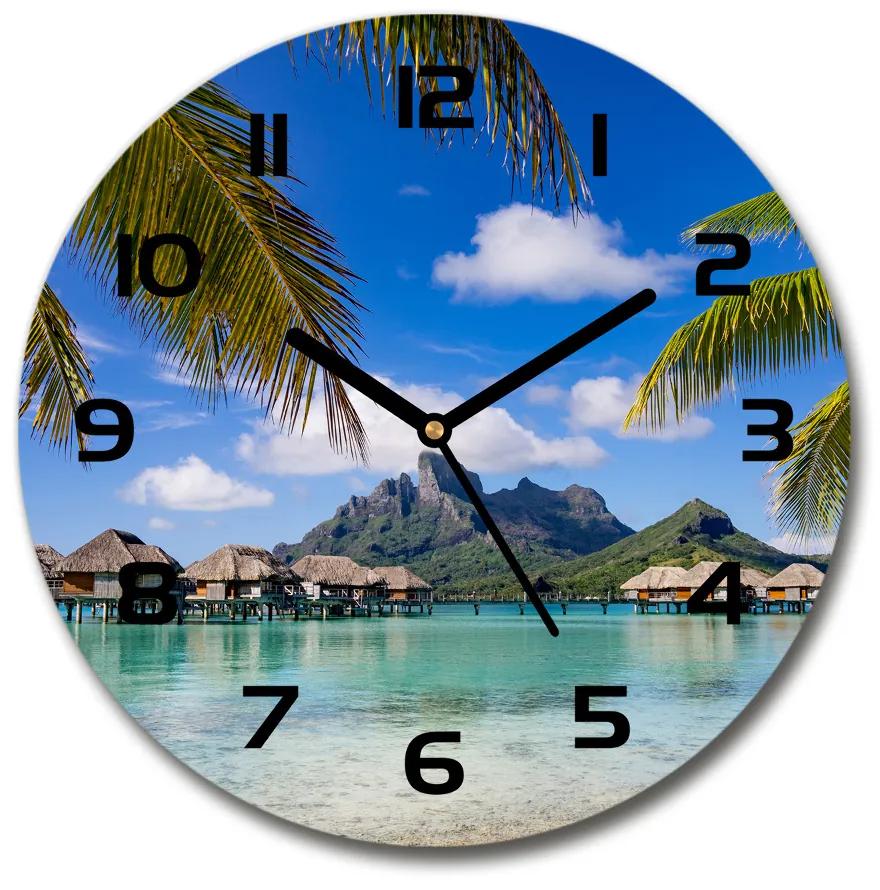 Wallmuralia Skleněné hodiny na stěnu Palmy na Bora Bora fi 30 cm