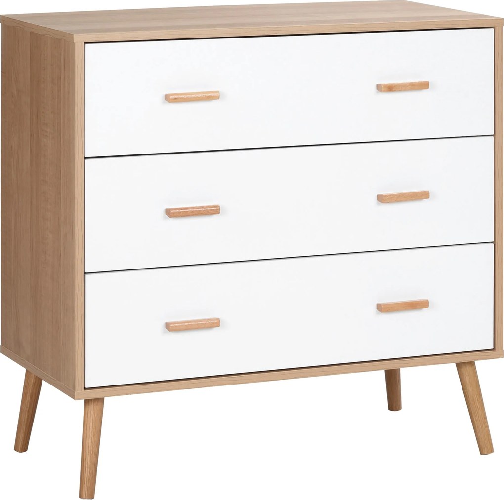 HOMCOM Dřevěná Komoda se 3 Zásuvkami, Vysoká Úložná Skříň Moderní s Vznesenými Nohami pro Ložnici a Obývací Pokoj 80x39x80 cm Bílá a Přírodní | Aosom