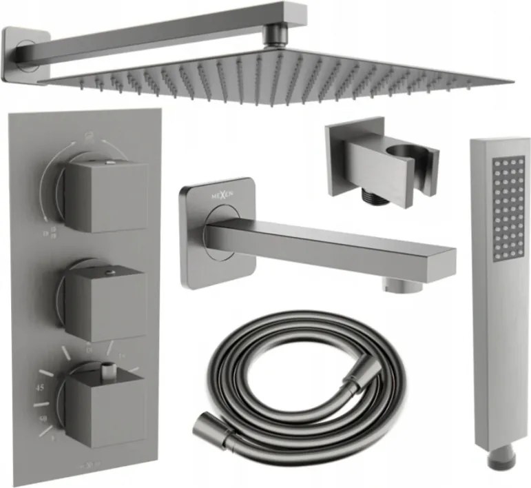 Mexen Cube DR02 podomítkový vanový a sprchový set s hlavovou sprchou 30x30 cm (7v1), grafitová, 77503DR0230-66