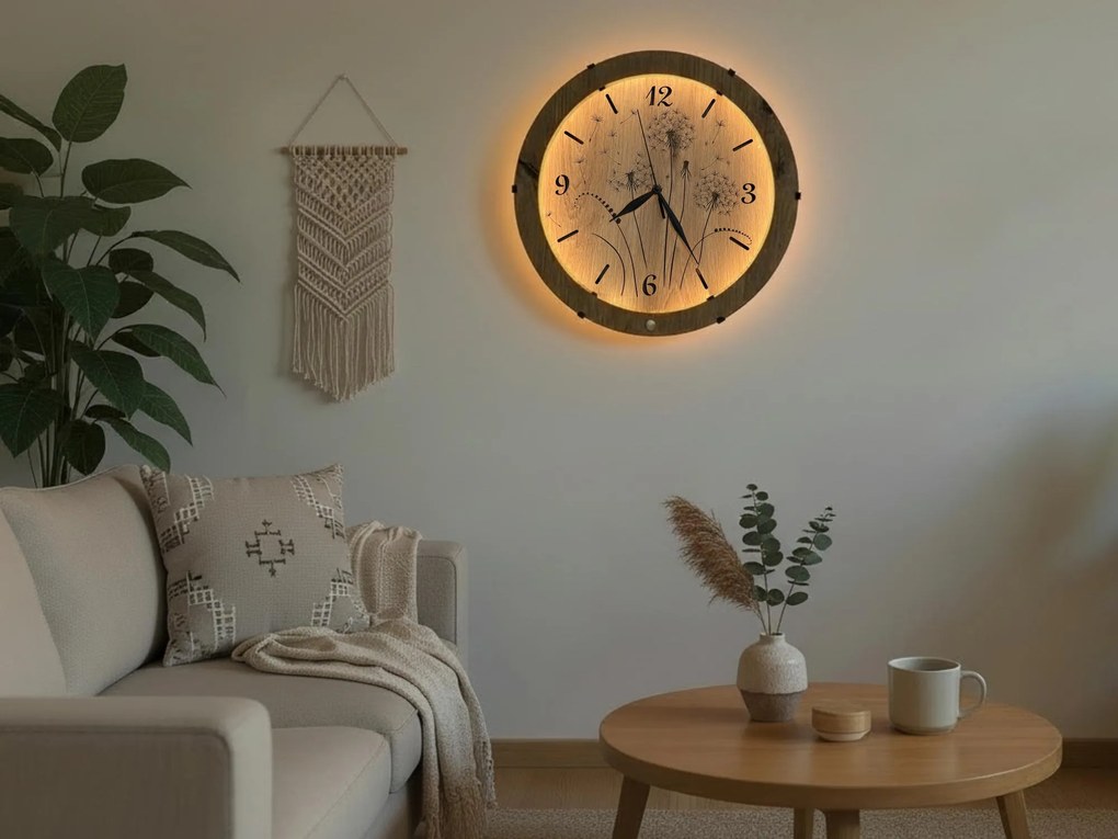 Li-Go "Pampeliška" světelné hodiny s powerbankou a pohybovým čidlem/dub světlý velikost svítidla/hodin: 31 cm