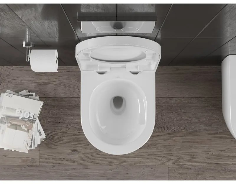 Mexen Carmen, závěsná WC mísa 490x365x340 mm, Rimless Tornádo + WC sedátko z duroplastu, bílá lesklá, 30880200T