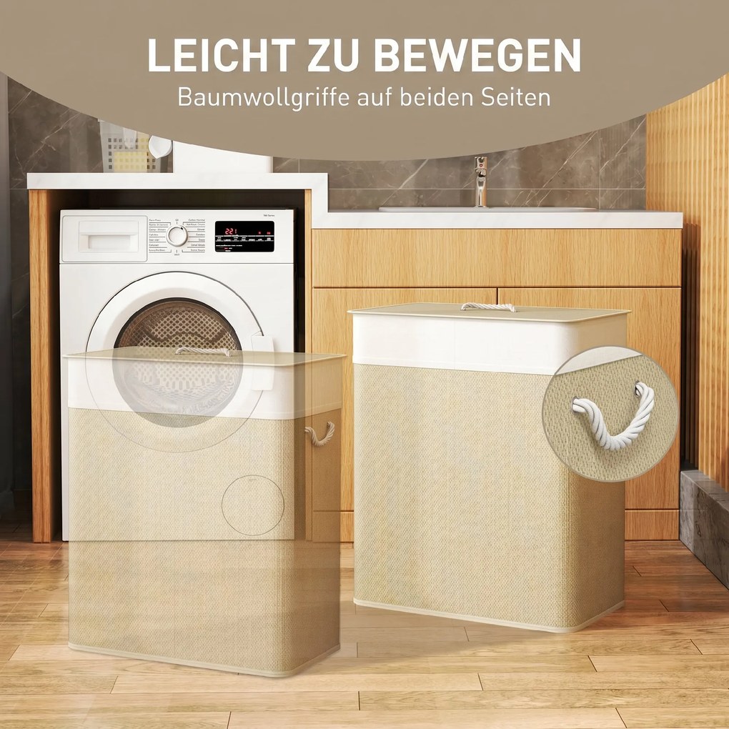 HOMCOM Bambusový koš na prádlo s víkem 100L Koš na prádlo se 2 přihrádkami a vyjímatelným vnitřním pytlem pro laundry room a ložnici 52x32x63 cm Přír…