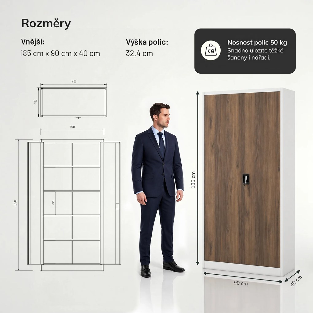 Kancelářská skříň na dokumenty bílá / ořech: Eco Design JAN 900 x 1850 x 400 mm