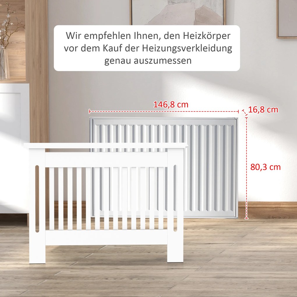 HOMCOM MDF Kryt Radiátoru se Šprušlemi, Kryt Radiátoru pro Domov a Kancelář, 152x19x81 cm, Bílý