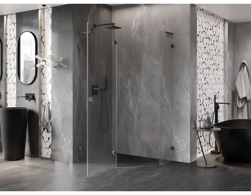 Mexen Lunar, L pětiúhelníkový sprchový kout naklápěcí doleva 100x80 cm, 8mm čiré sklo, profil grafit broušený, 831L-100L-080P-66-00-L
