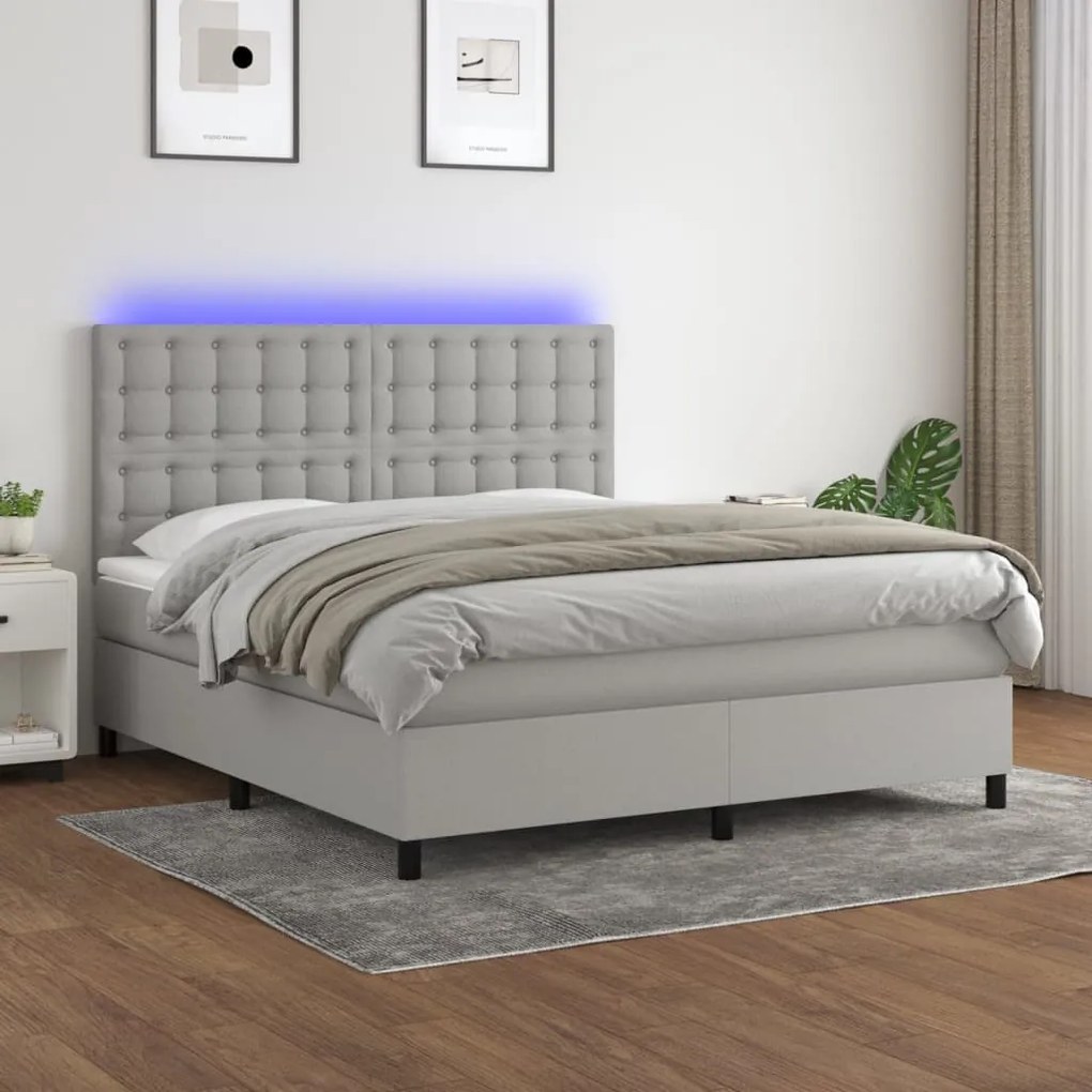 Box spring postel s matrací a LED světle šedá 160x200 cm textil