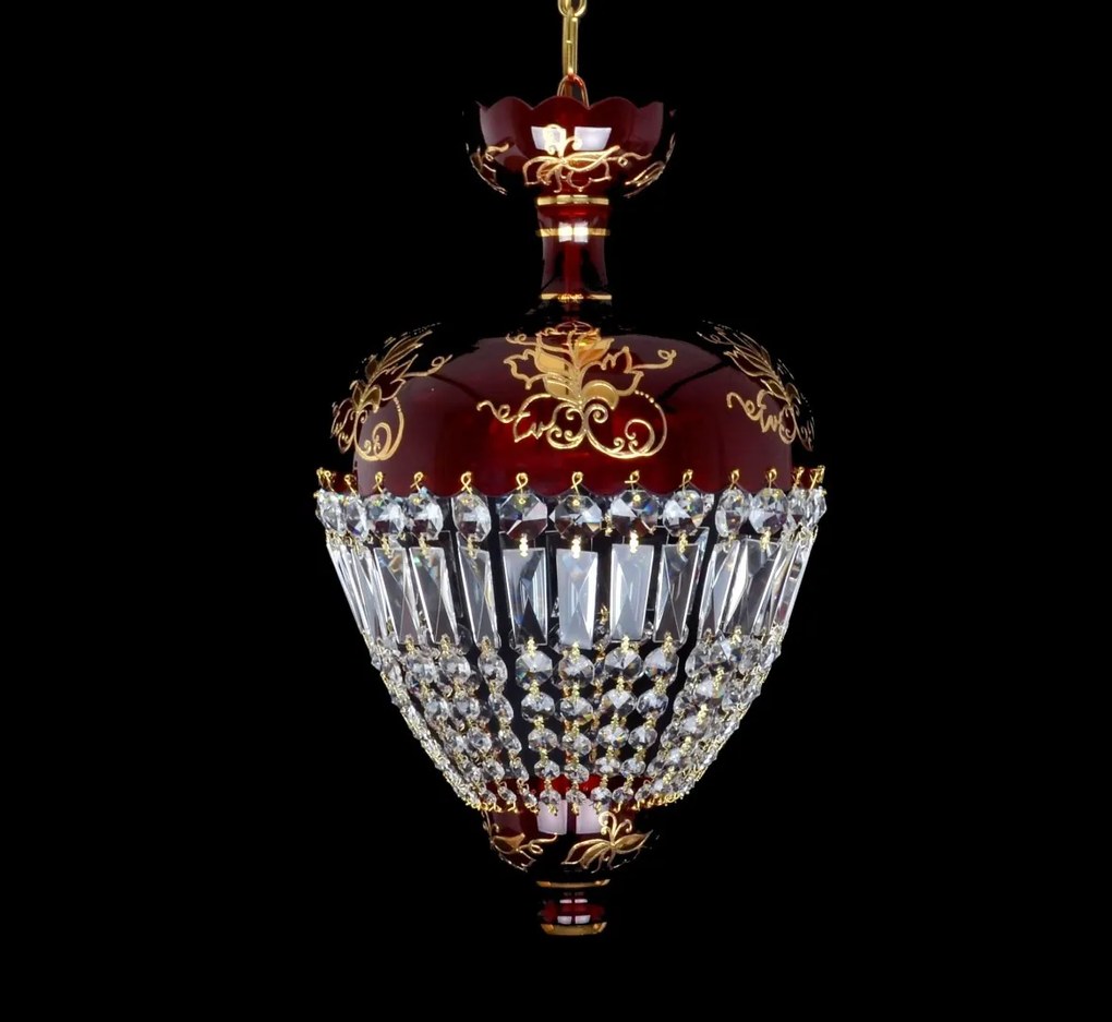 Křišťálový košový lustr z rubínového skla zdobený malbou z 24K zlata "hroznové víno"