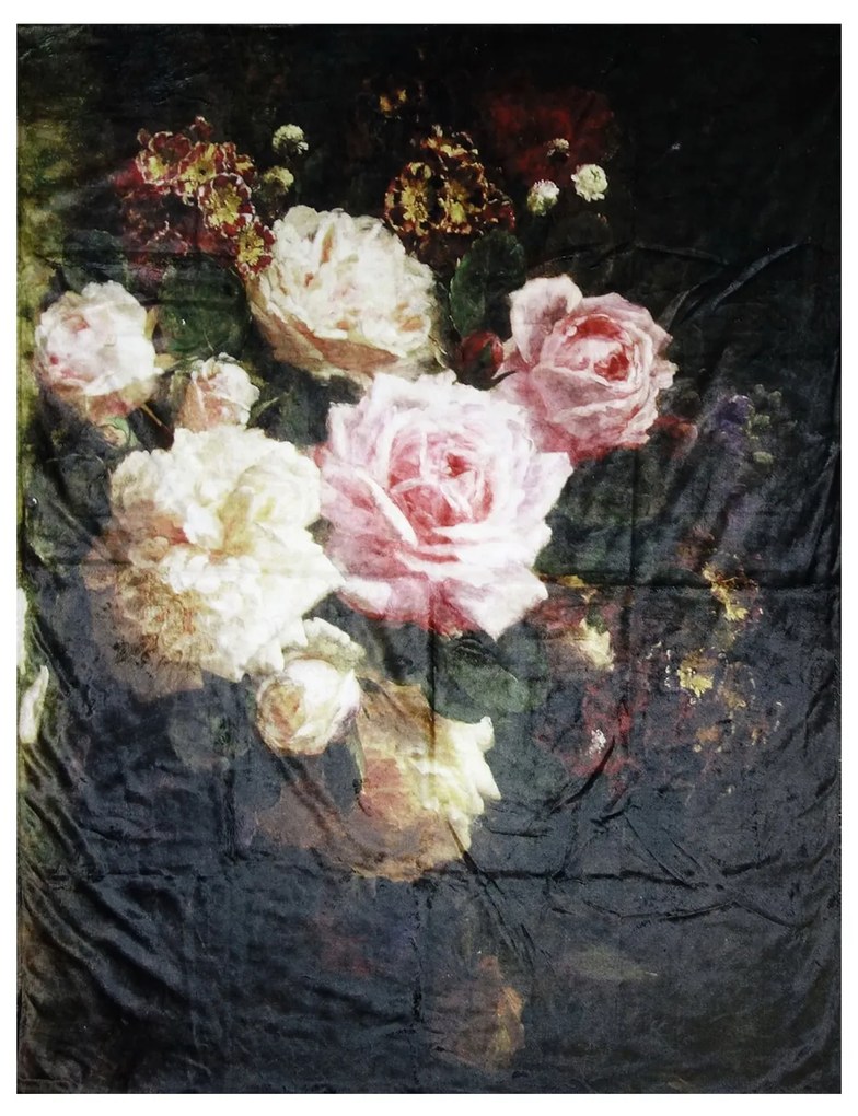 Černý plyšový pléd /přehoz s květy Vintage - 130*170 cm