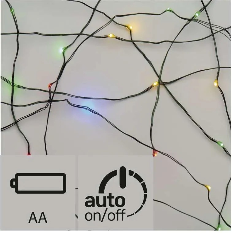 LED vánoční nano řetěz, 2× AA, 1,9m, multicolor, časovač
